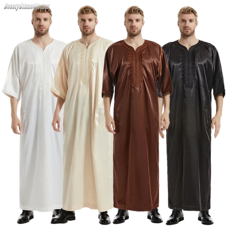 Muslim Men Kaftan Robe Satin Embroidery Jubba Thobe Saudi Arab Thoub ...
