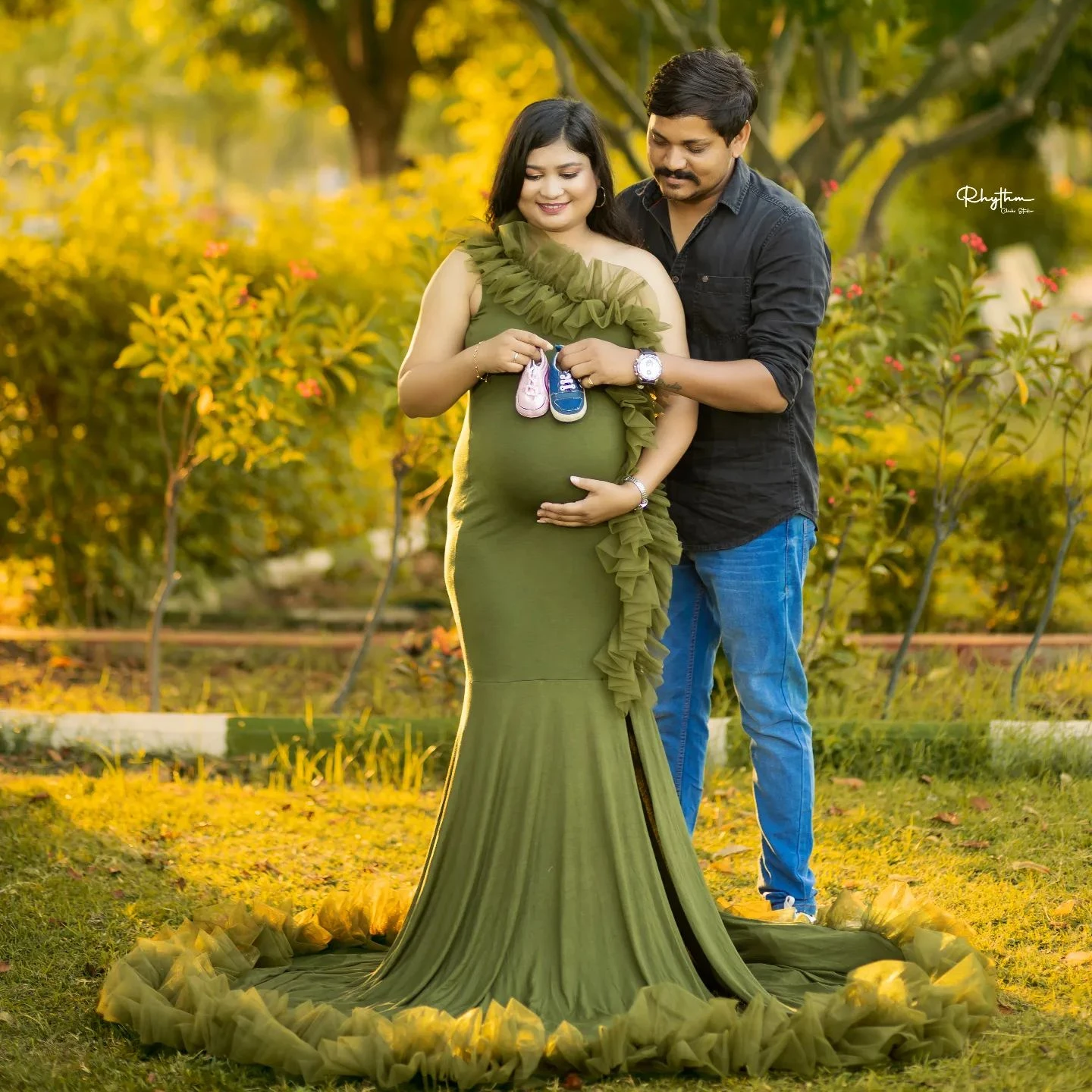Green Mermaid Maternity Robes for Photo Shoot One Shoulder Ruffles ...