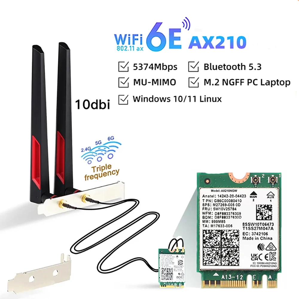 WiFi 6 Card AX210 Bluetooth 5.3 5374Mbps Adapter 2 In 1 Desktop Kit ...