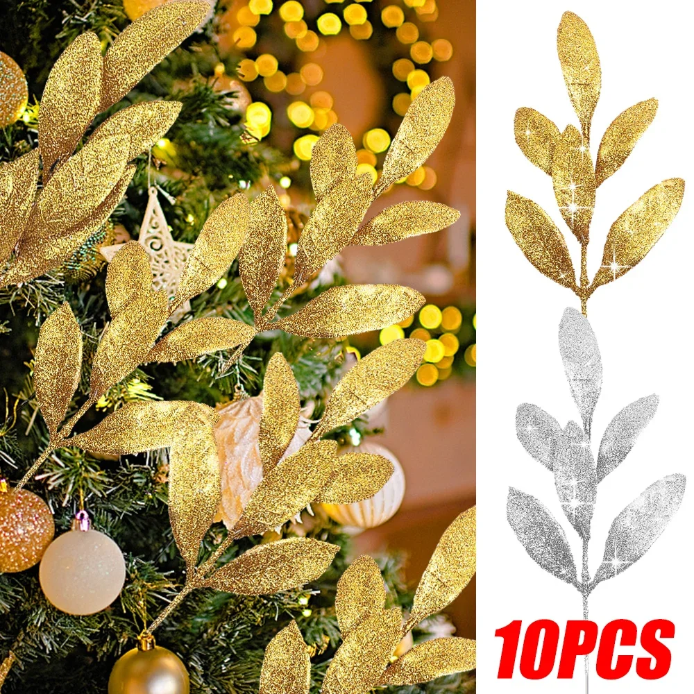10/1pcs Shiny Artificial Leaves Christmas Tree Glitter Gold Silver Leaf ...