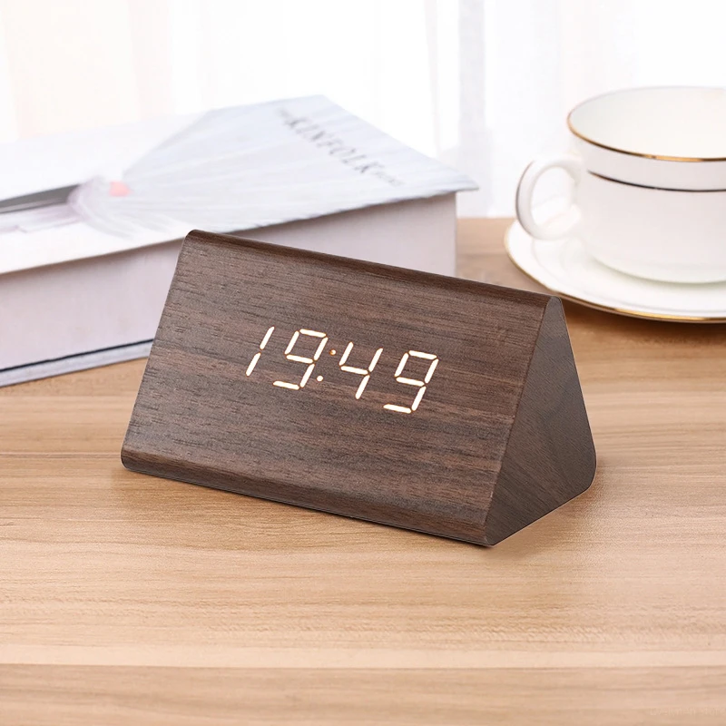 Wooden Digital Alarm Clock Voice Control LED Table Clocks USB/AAA ...