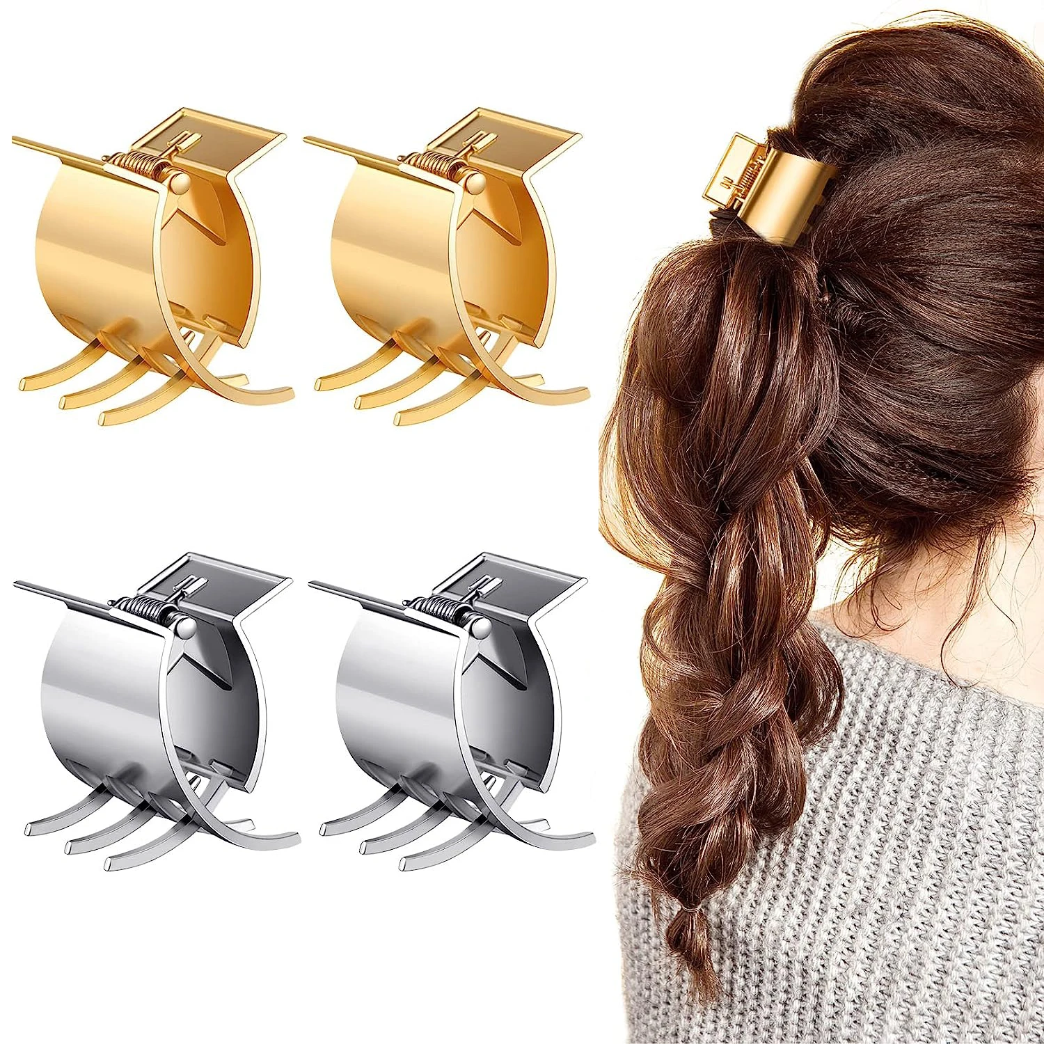 2pcs Mini Metal Hair Claw Clip Golden Silvery Non-Slip Strong Hold Grip ...