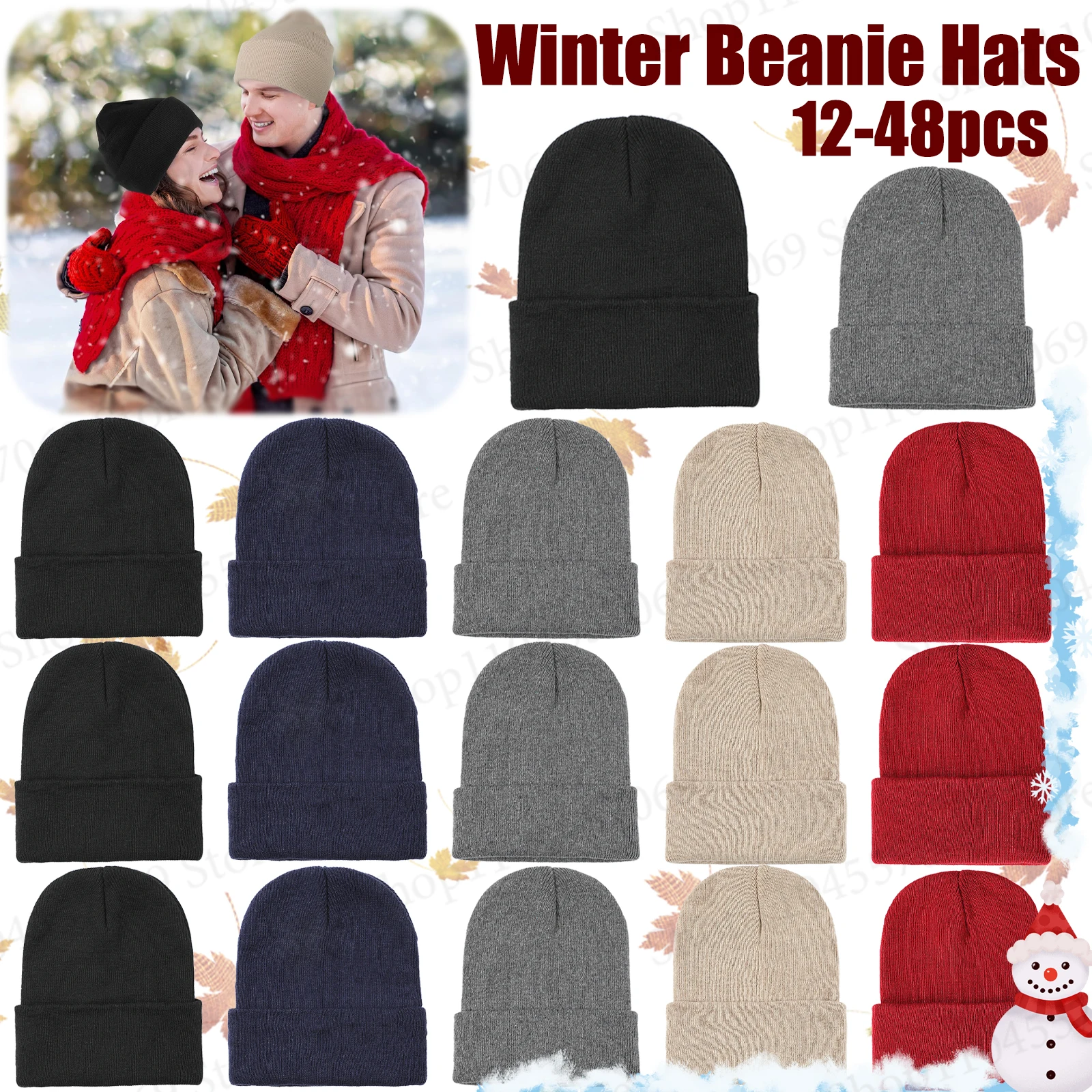 12-48Pcs Winter Beanie Hats Bulk for Men Women Soft Warm Knitted Cap ...