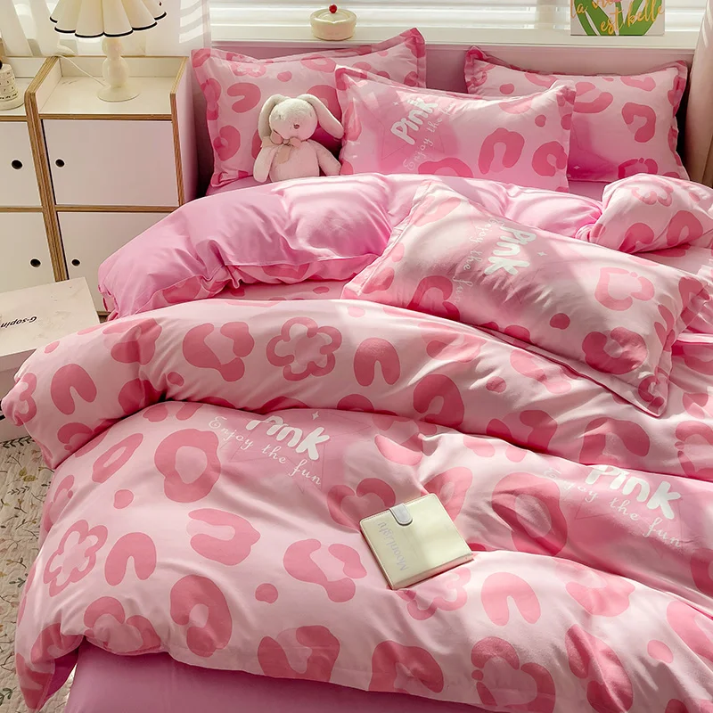 Cute-Pink-Leopard-Bedding-Set-Soft-Flat-Sheet-Pillowcase-Girls-Floral ...
