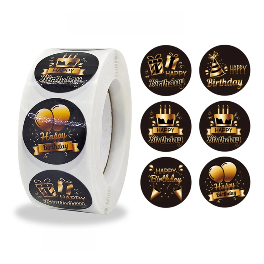 100-500pcs Black Golden Happy Birthday Stickers Birthday Round Sticker ...