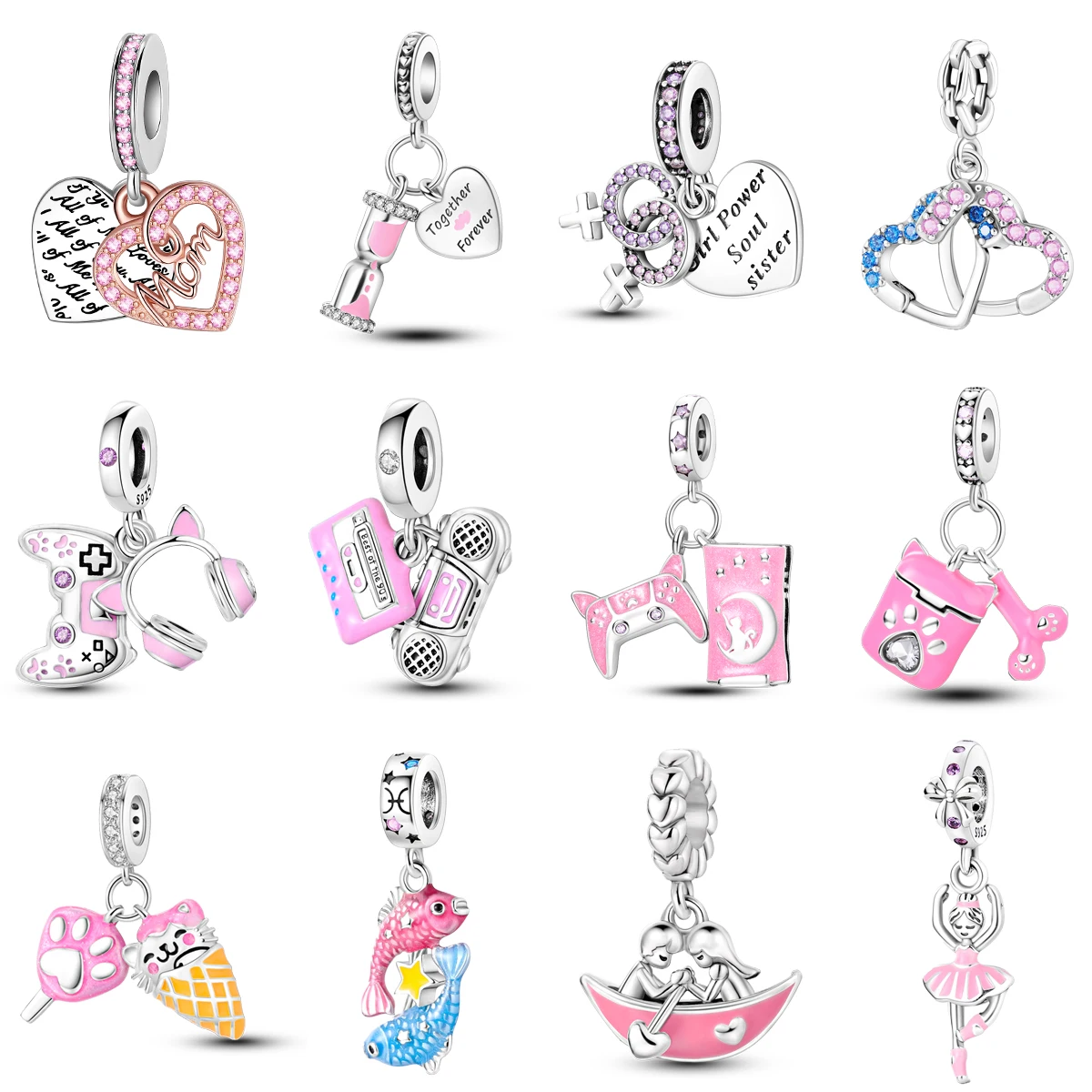 925 Sterling Silver Game Console Earphone Love Couple Pink Series ...