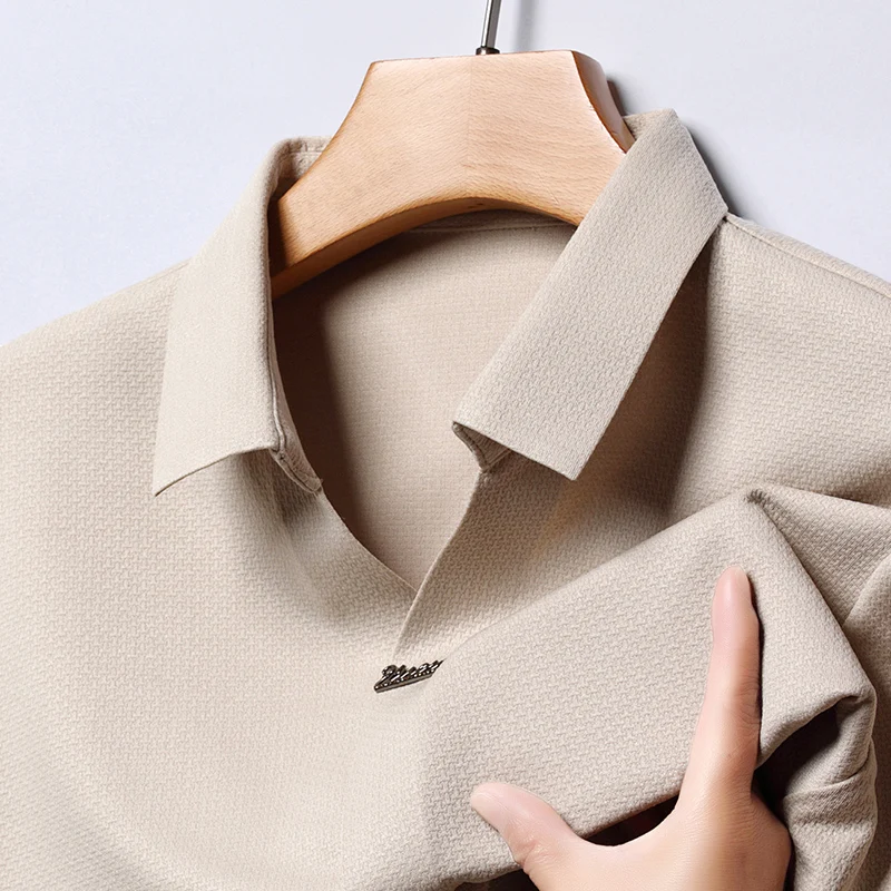 New High End Brand Men's Long Sleeved Textured Polo Shirt Lapel Spring ...