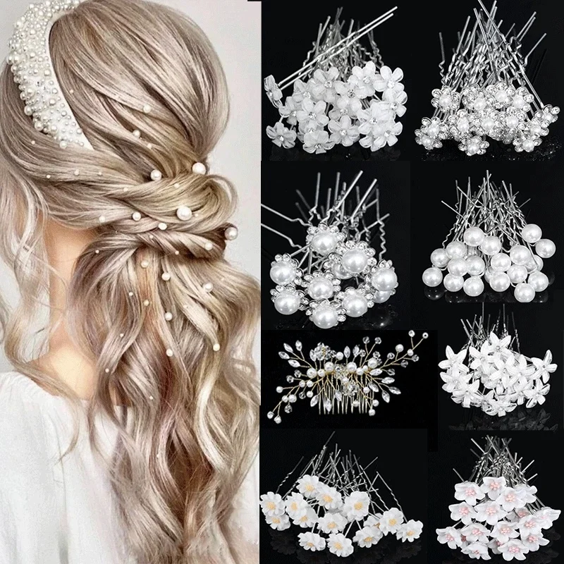 20Pcs Bridal U-shaped Pin Metal Barrette Clip Hairpins Rhinestone Pearl ...