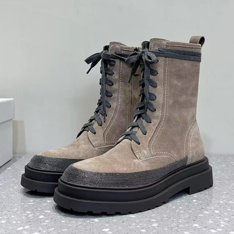 Autumn Winter Fashion Riding Boots Women Genuine Leather Lace Up Thick ...