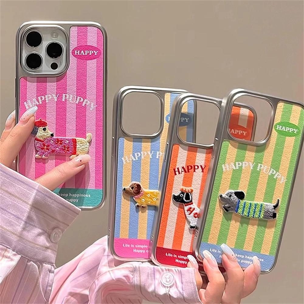 Cartoon-Cute-Embroidery-Dachshund-Phone-Case-For-iPhone-15-14-13-12-Pro ...