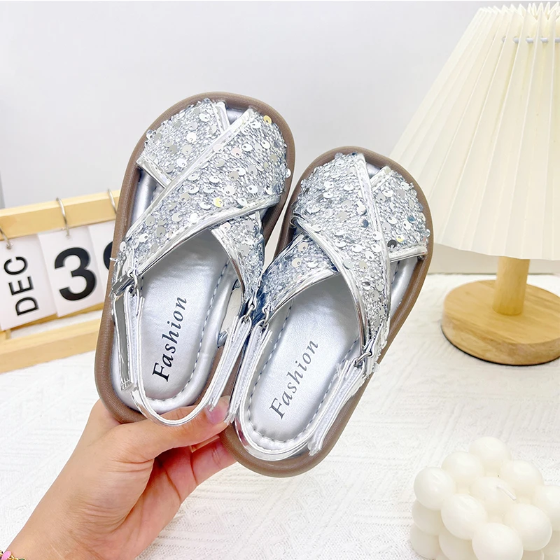 Girls-Toes-Capped-Sandals-Fashion-Kids-Sequin-Princess-Shoes-Peep-Toe ...