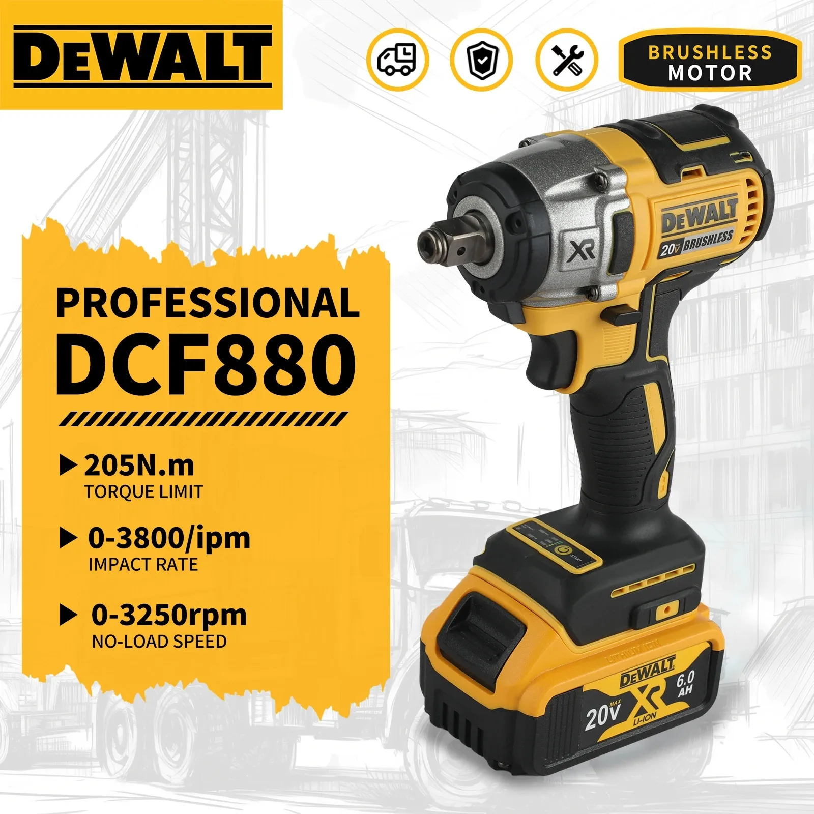 DEWALT DCF880 Cordless Impact Wrench 20V 2300RPM Rechargeable Electric ...