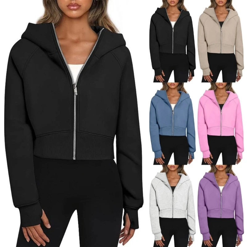 Women-Fleece-Lined-Full-Up-Cropped-Hoodie-Sweatshirt-Casual-Fall-Long ...