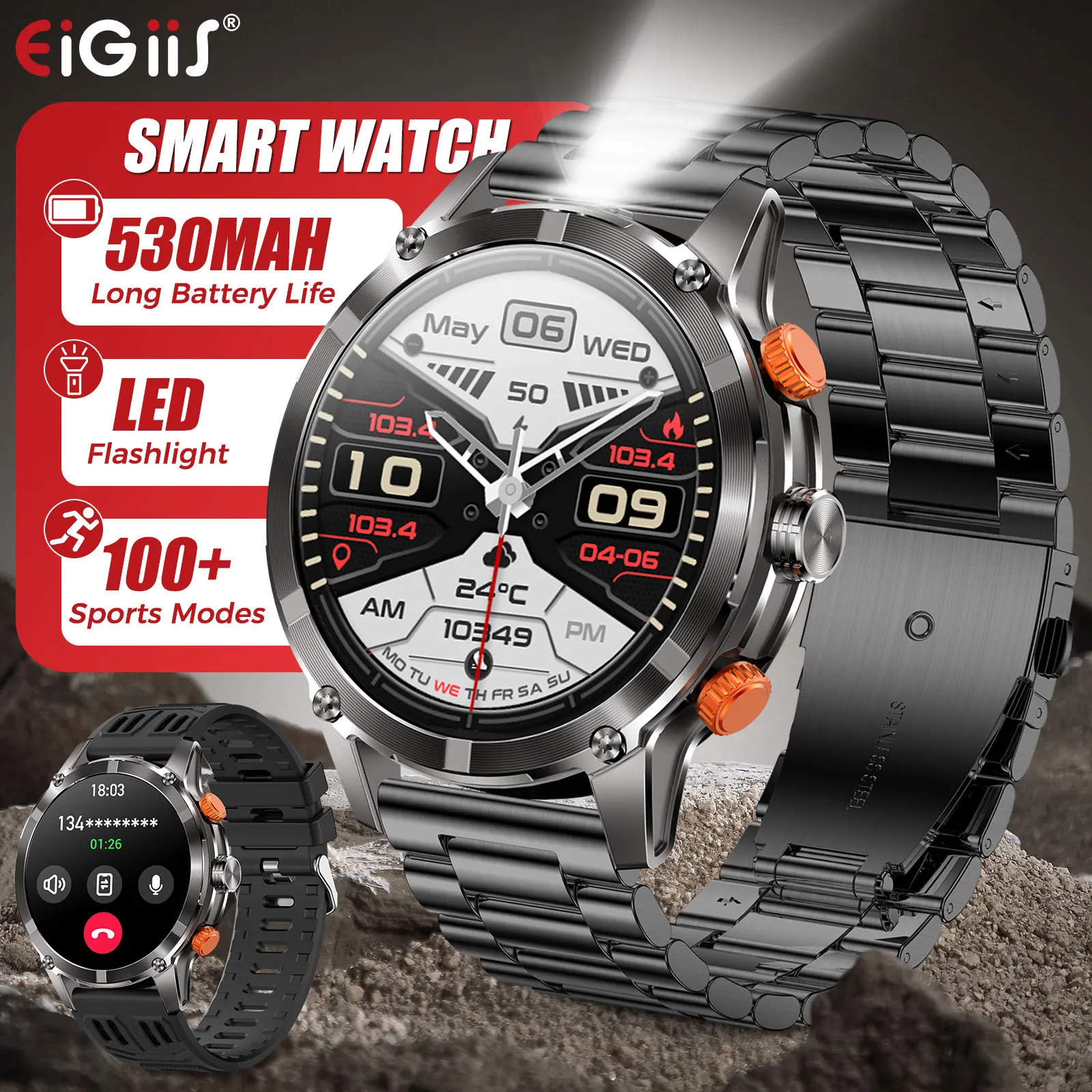 EIGIIS Men Smart Watch LED Flashlight Big Battery Activity Fitness ...