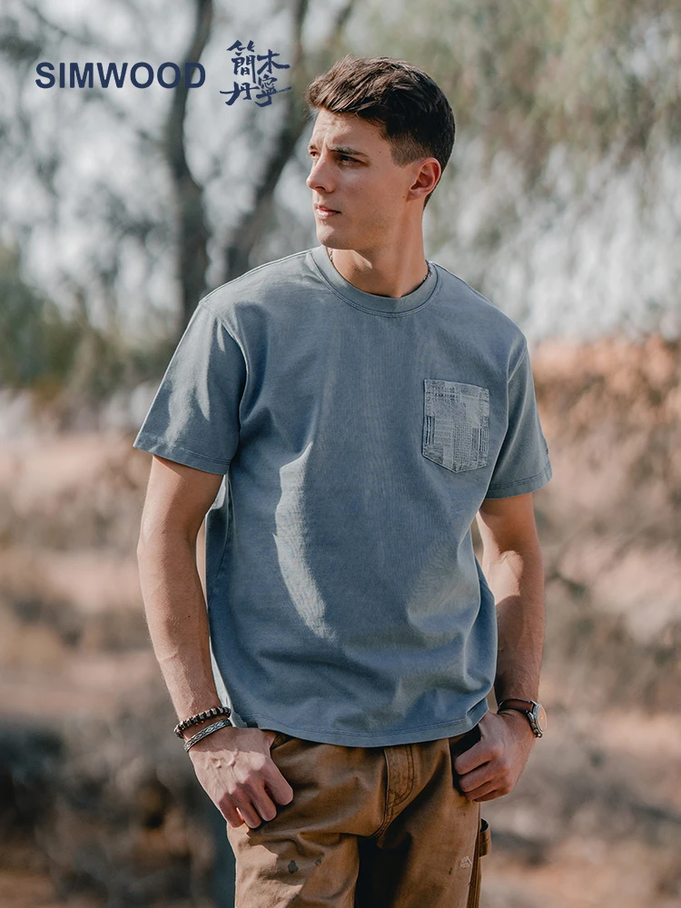 SIMWOOD-High-Standard-Series-2024-Summer-New-Washed-Vitange-Patchwork-Pockets-T-shirts-Men-100 ...