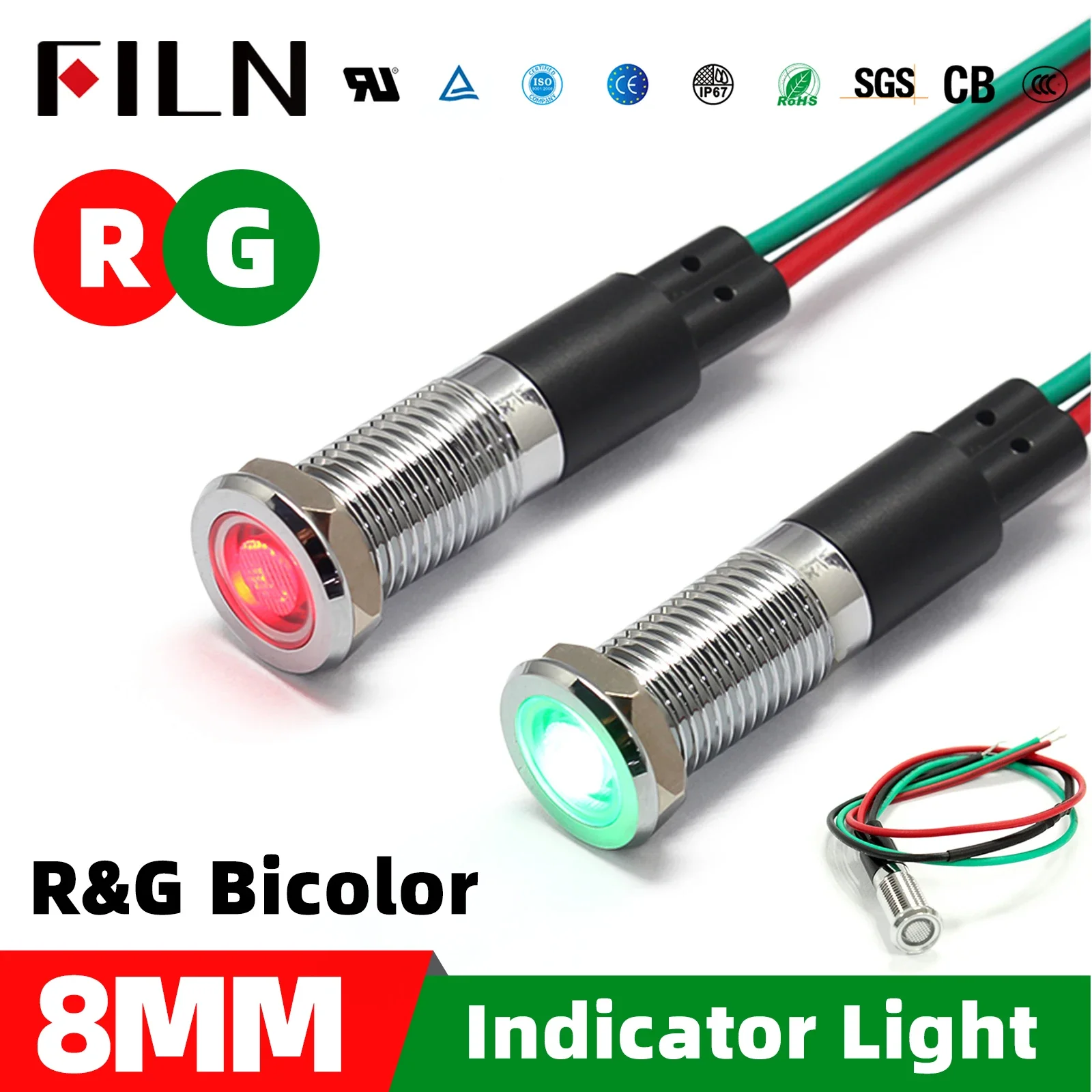 8mm Dual-Color bicolor Red and Green 6V 12V 24V 36V 48V 120V 220V Metal ...