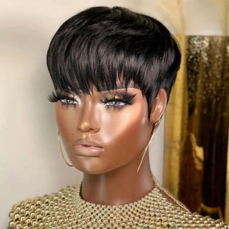 Short Pixie Cut Human Hair Wigs Bangs | Wig Natural Human Hair Pixie ...