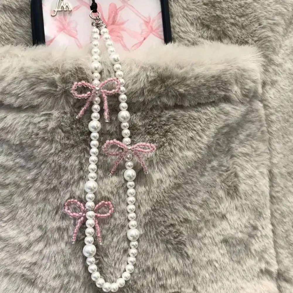 1Pc Korea Cute Pink Bowknot Pearl Pendant Beaded Phone Charm For iPhone ...
