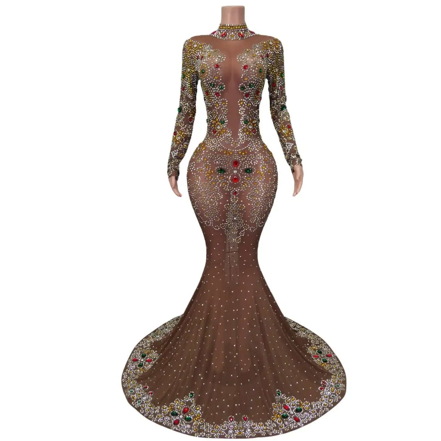 Long-Brown-Shining-Rhinestone-Sexy-Dress-For-Women-Evening-Banquet ...