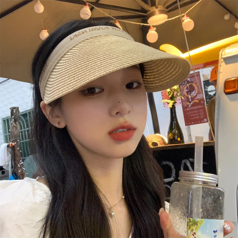 여름용 캐쥬얼 밀짚 모자 빈 모자 넓은 챙 자외선 차단 여성 야외 바이저 비치 캡 러닝 골프 본 스포츠 캡