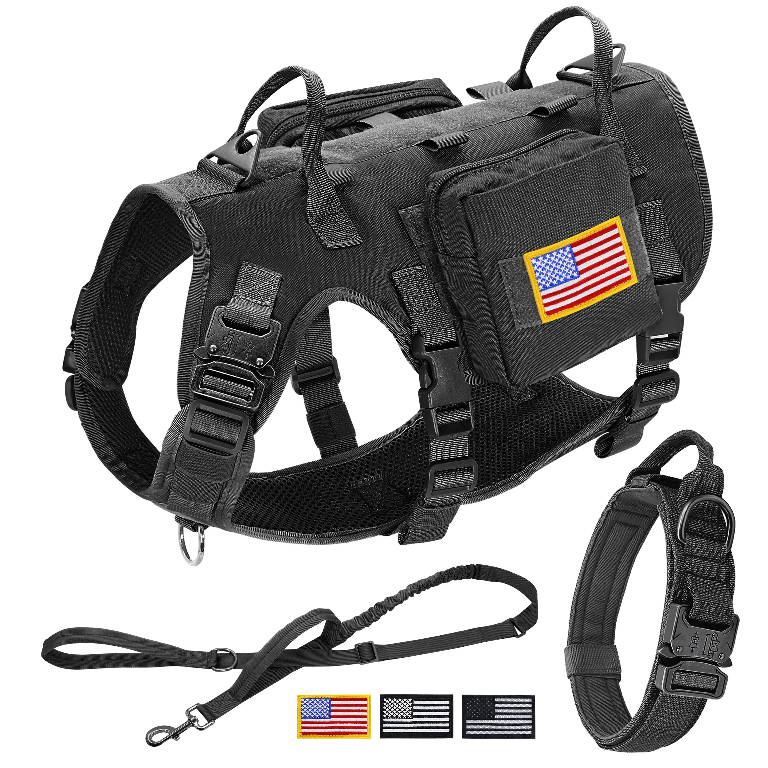 Tactical Military Dog Harness Collar Leash Set Durable Big Dog Training ...