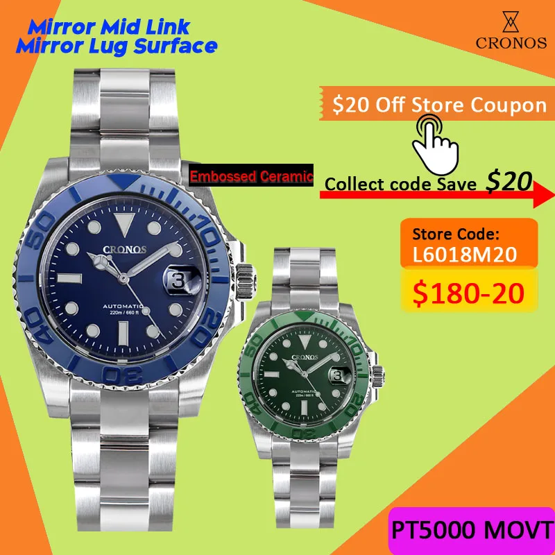 Cronos Sub Diver Men Watch Stainless Steel PT5000 Bracelet Ceramic ...