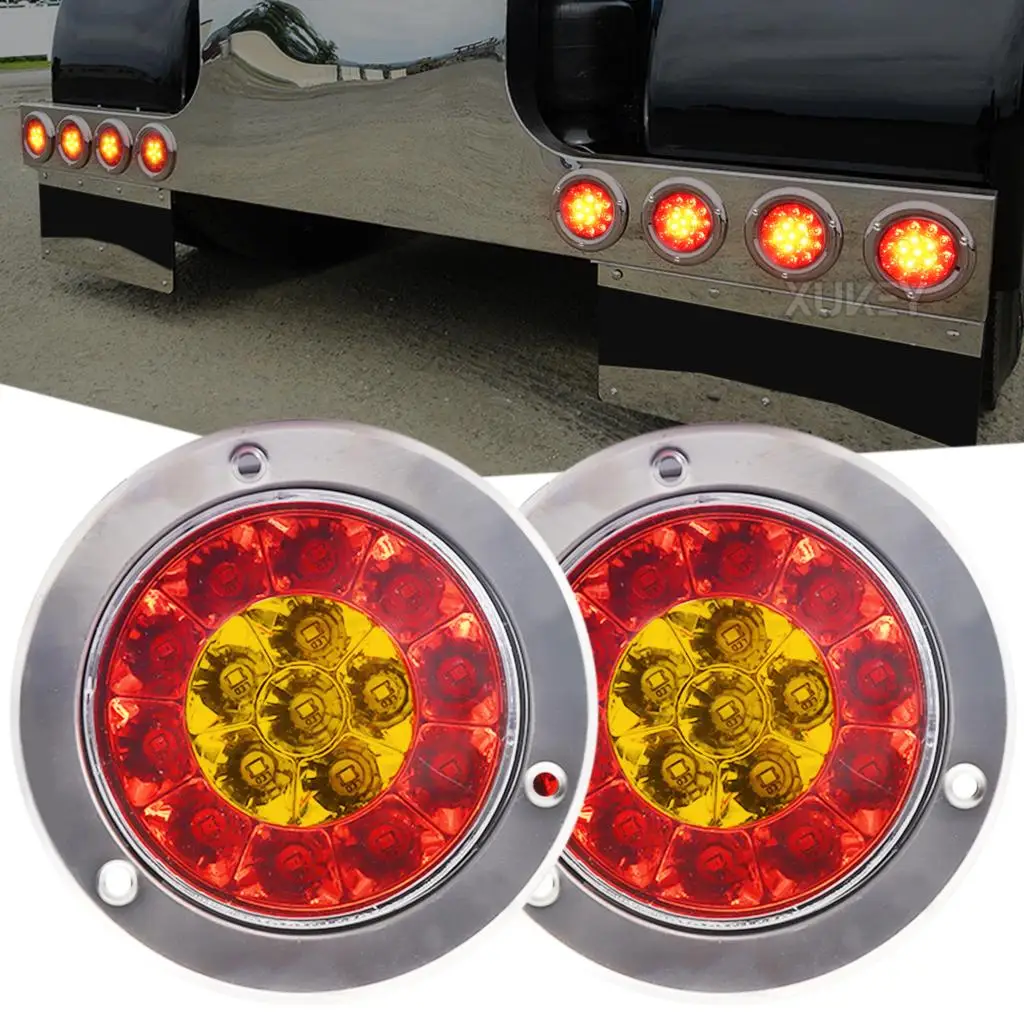 Pair 12V 24V Round LED Red Amber Tail Lamp Brake Rear Bumper Turn ...