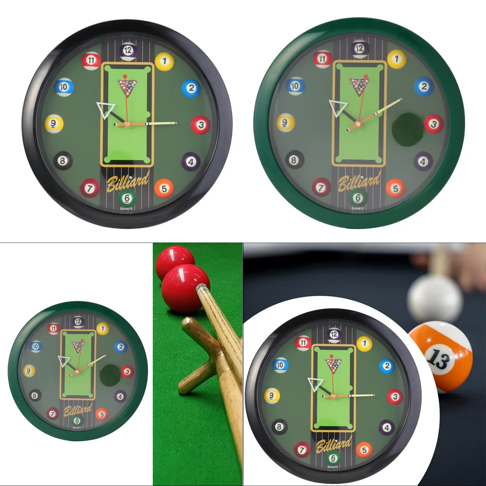 Billiard Pool Ball Wall Clock Round Battery Operated Silent Cue Hand ...