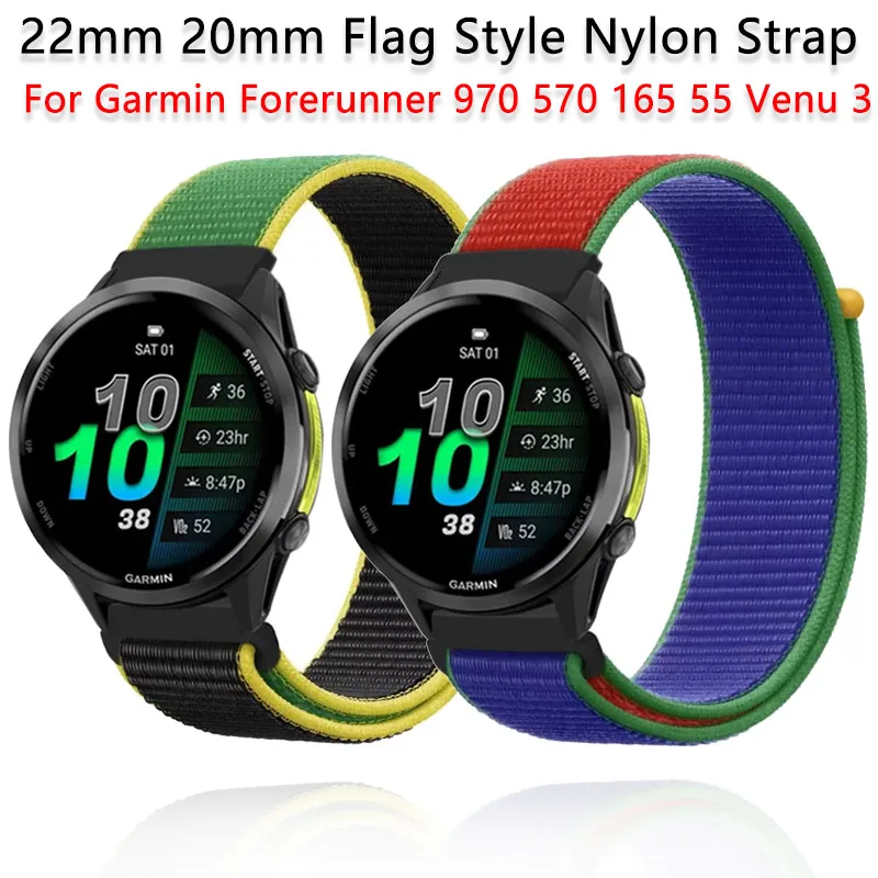 22mm 20mm Flag Style Nylon Strap For Garmin Forerunner 970 570 165 965 ...
