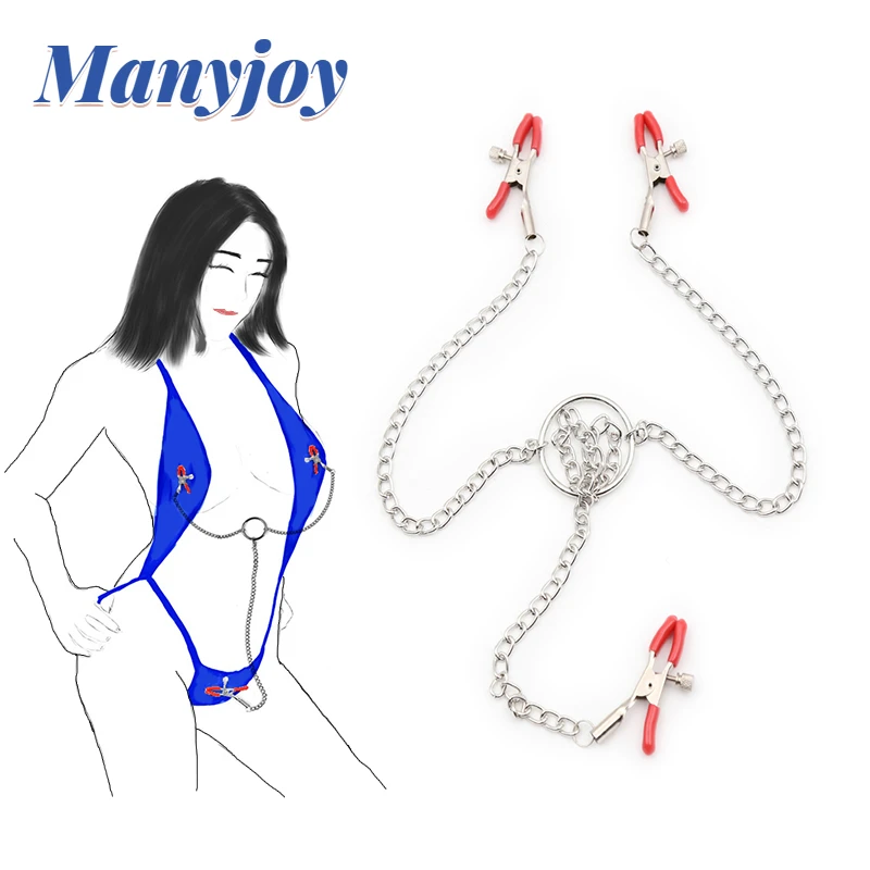Manyjoy Metal Chain 3 Heads Nipple Clamps Breast Clip Sex Slave BDSM Body Jewelry Double Peak ...