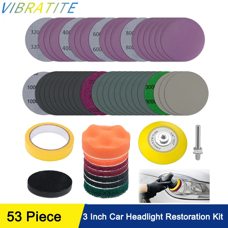 3 Inch Car Headlight Restoration Kit 53 Pcs with 1/4 Inch Shank Backing ...