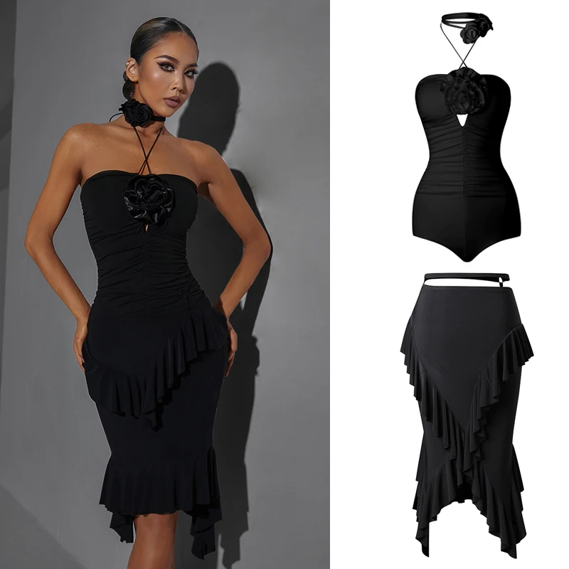 Adults Latin Dance Competition Costume Sexy Flower Latin Top Ruffled ...