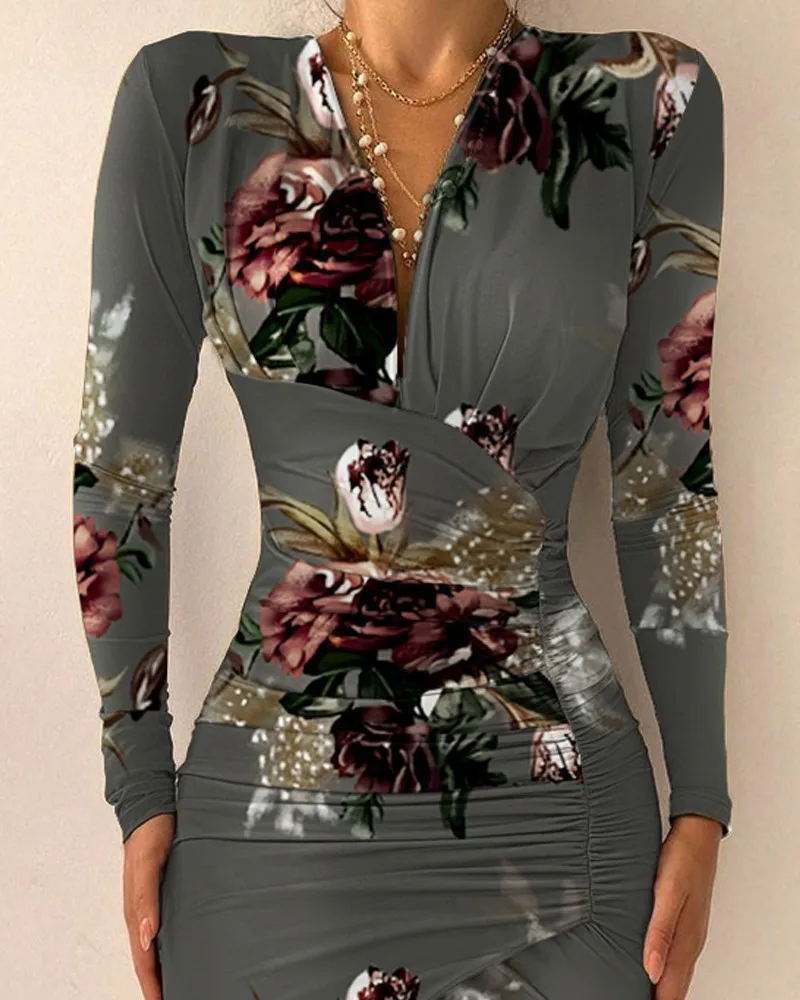 Printed V Neck Pleated Tunic Slit Irregular Sexy Party Bodysuit Dress