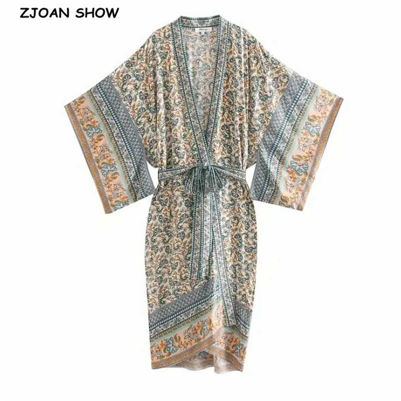 BOHO-Paisley-Floral-Print-Long-Kimono-Shirt-Hippie-Women-Bandage-Tie ...