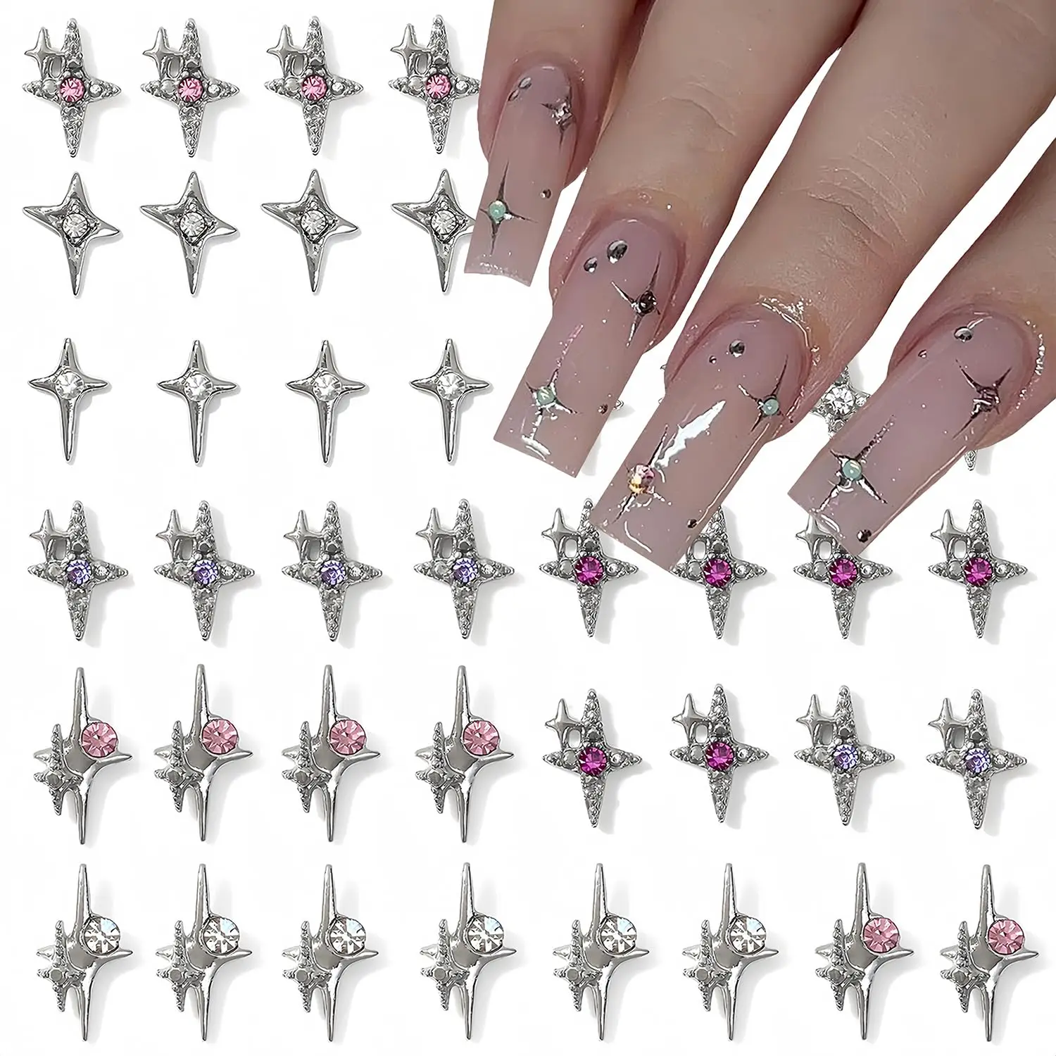 10Pcs Silver Star Nail Charms 3D Stars Nail Art Decorat for Acrylic ...