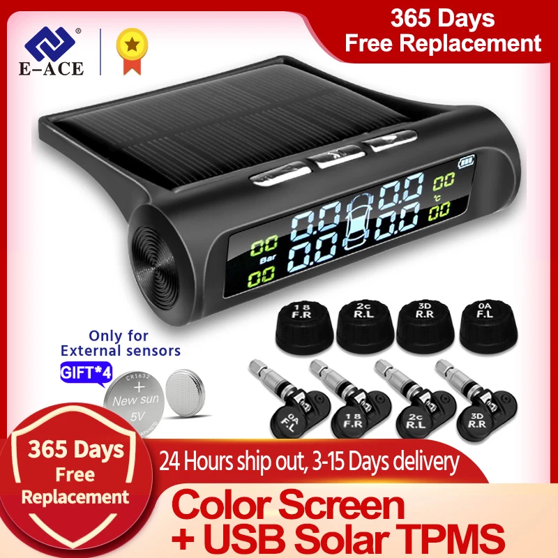 E ACE Solar Power TPMS Car Tire Pressure Alarm Monitor System Auto ...