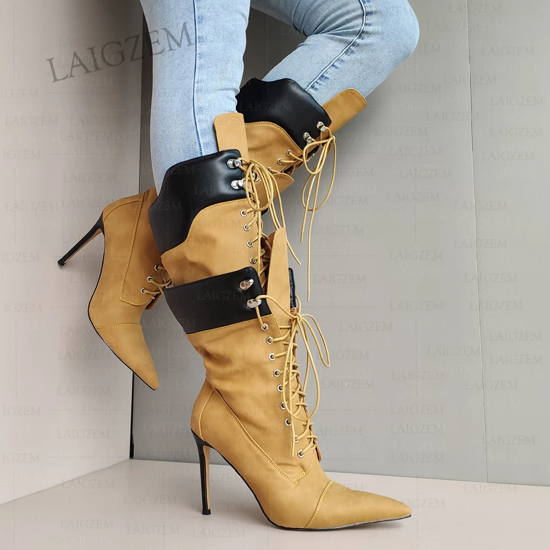 ZHIMA-Women-Calf-High-Boots-Lace-Up-Poinetd-Toe-Thin-High-Heels-Tall ...