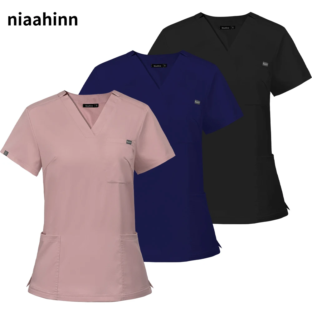 V-neck-Medical-Scrubs-Tops-Casual-Short-Sleeve-Blouse-Pharmacy-Hospital ...
