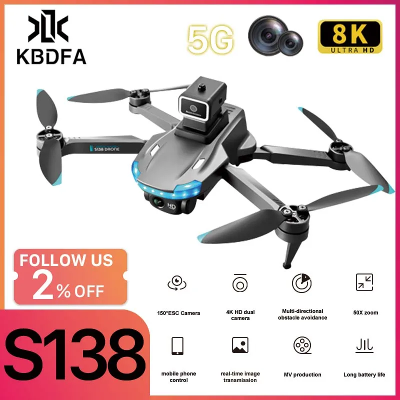KBDFA NEW S138 RC 4K 카메라 드론 와이파이 접이식 광학 유량 헬리콥터 항공 사진 브러시리스 쿼드콥터 키즈 장난감 ...