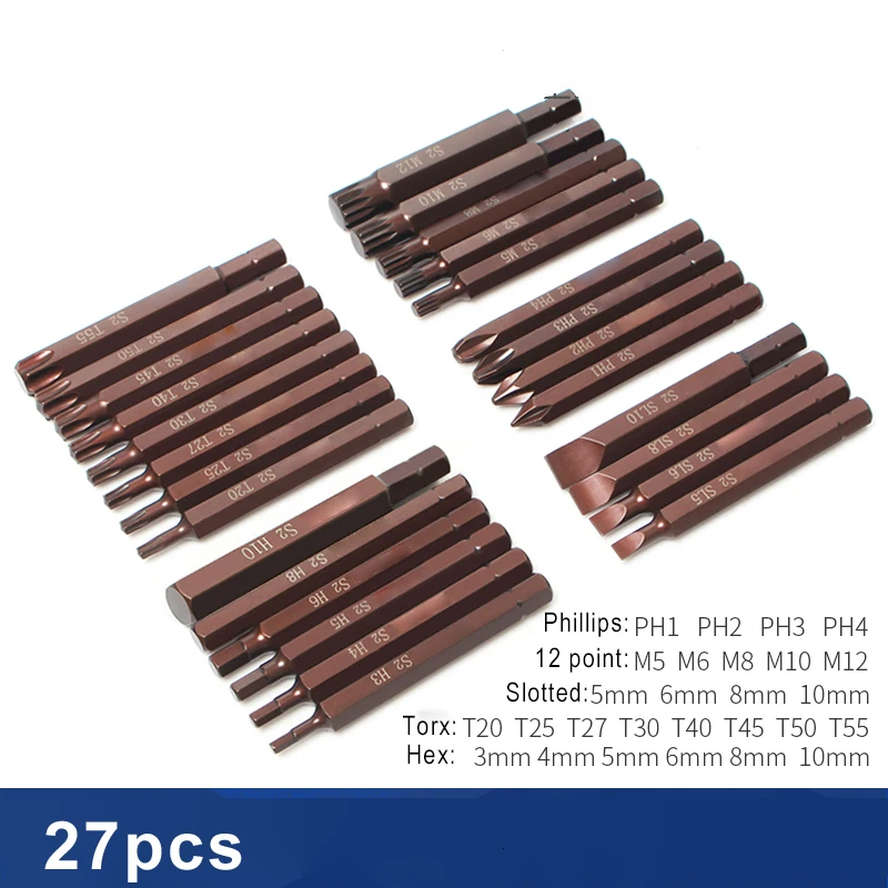 27pcs 80mm Long 5/16 inch 8mm Hex Shank Heavy Impact Slotted Torx ...