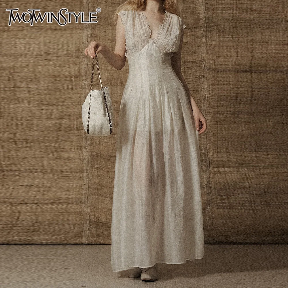 TWOTWINSTYLE Solid Loose Sheer Spliced Folds Minimalist Dresses for ...