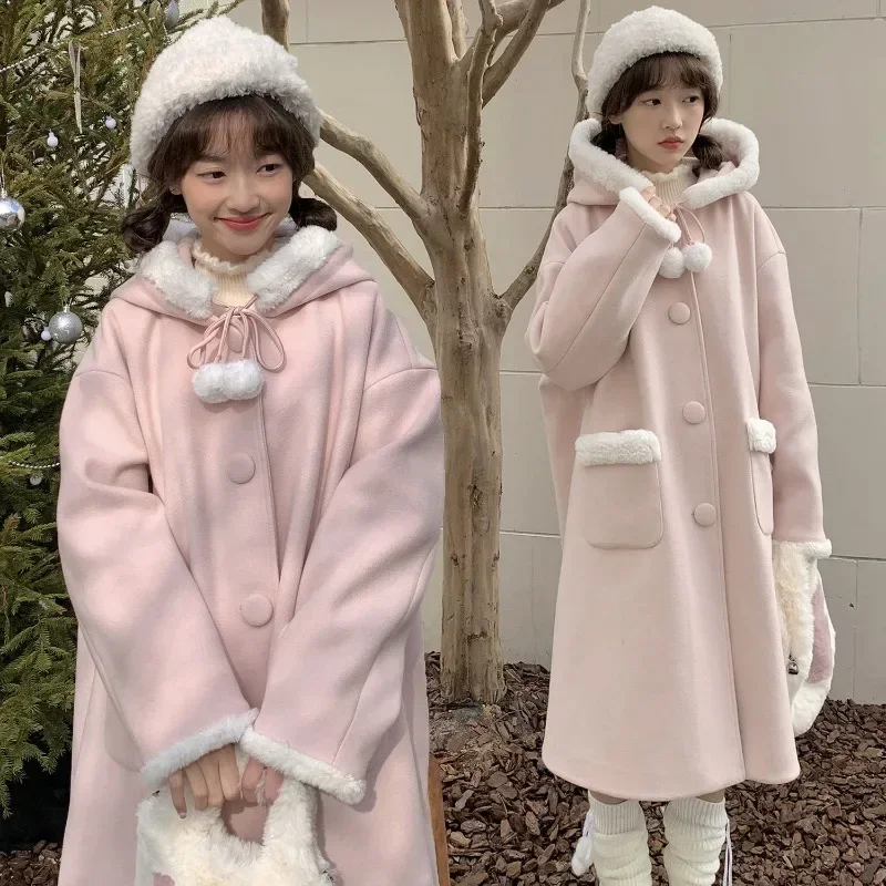 Women-s-Coats-Pink-Hooded-Midlength-Single-Breasted-Plush-Edge-Jacket ...