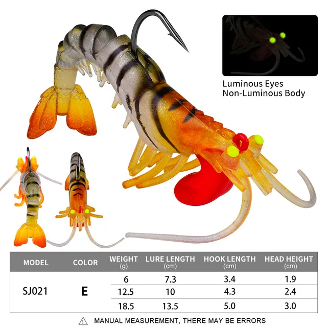 1pcs 6g 13g 19g Sinking Luminous Eyes Silicone Shrimp Baits Bionic Soft Prawn Lures Jig Head ...