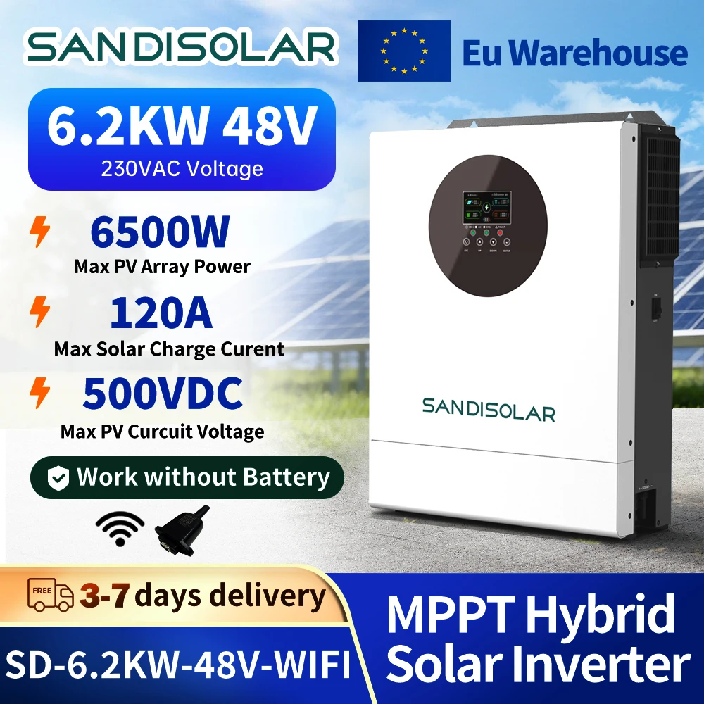 SANDISOLAR Hybrid Solar Inverter 4.2KW 6.2KW 24V 48V Off Grid Pure Sine ...