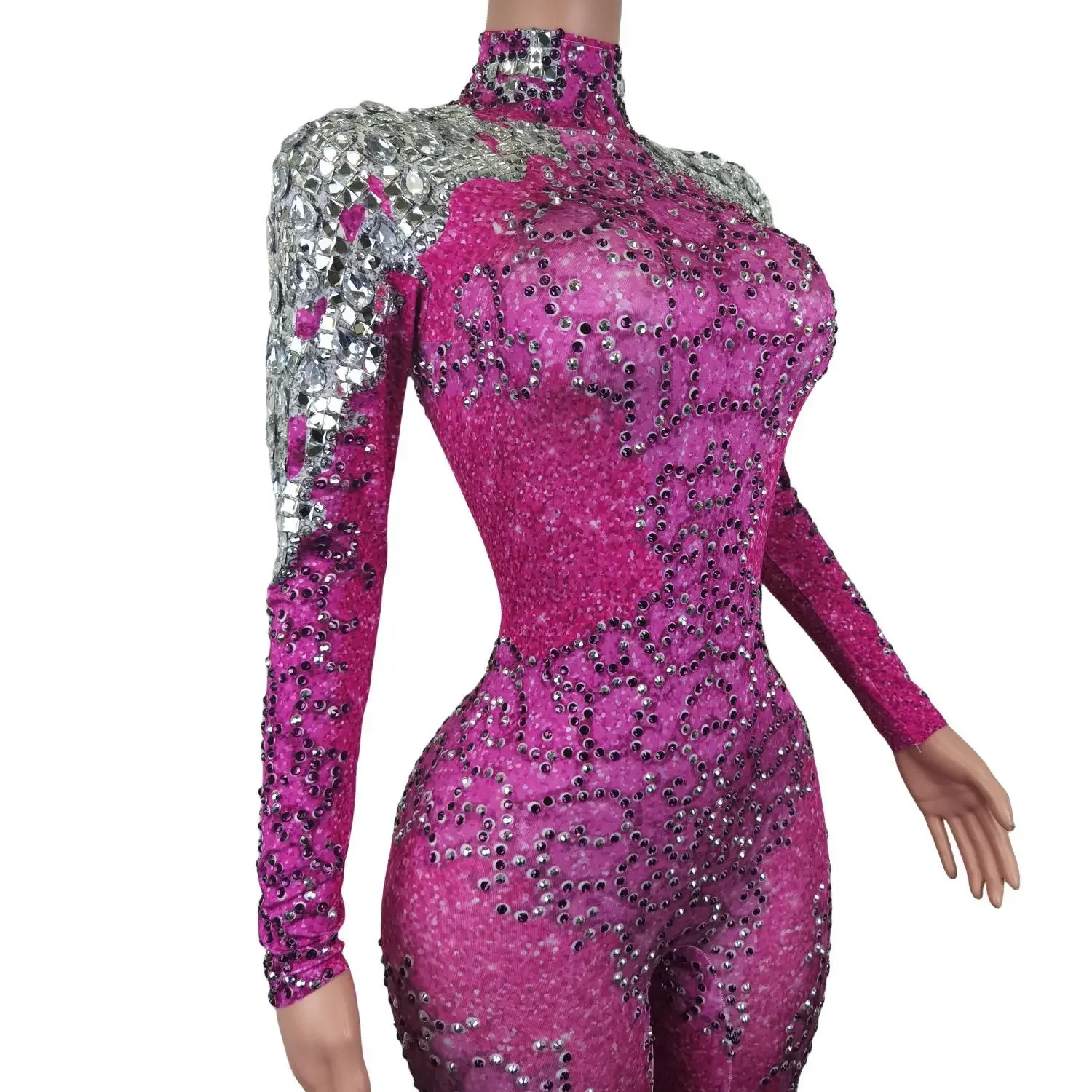 Sexy Pink One Piece Bodysuit Women Shining Rhinestone Performance ...