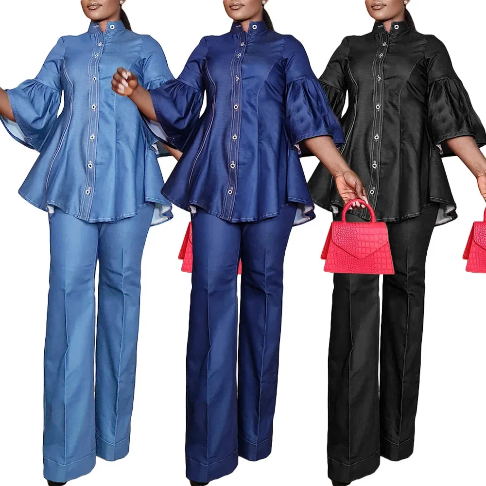 Ensemble deux pièces pour femme, chemisier en denim, col roulé, simple ...