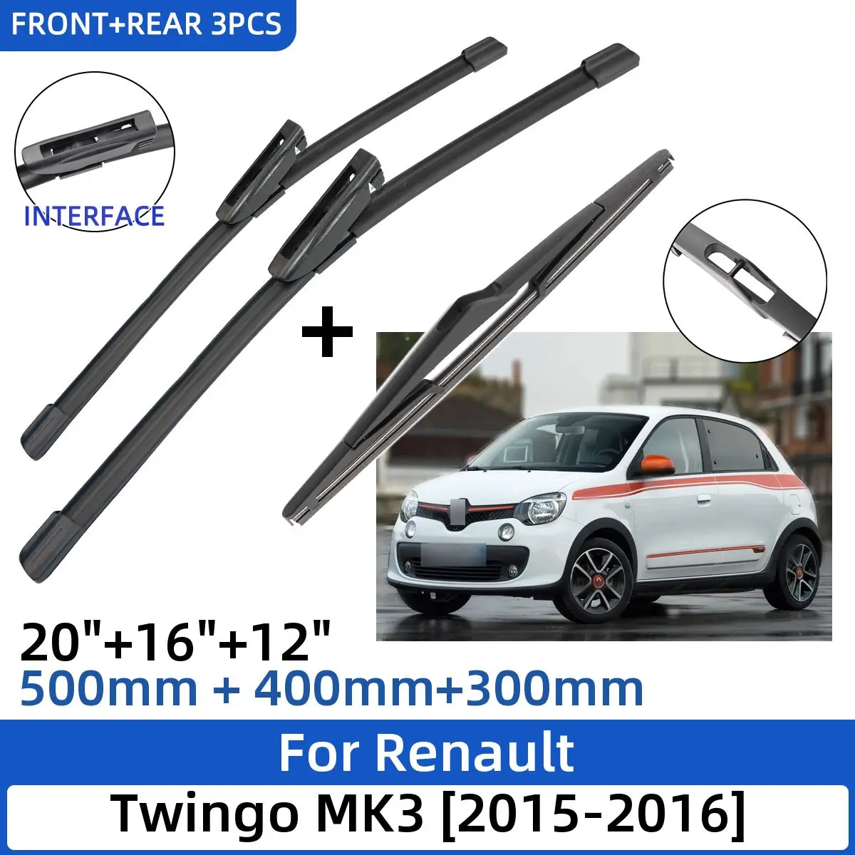3PCS For Renault Twingo MK3 2015-2016 20"+16"+12" Front Rear Wiper ...
