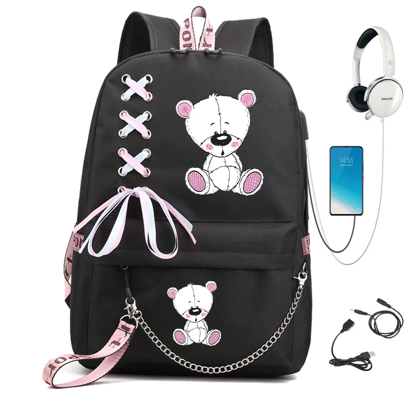 Cute-Drawing-Teddy-Print-School-Bag-for-College-Students-Waterproof ...