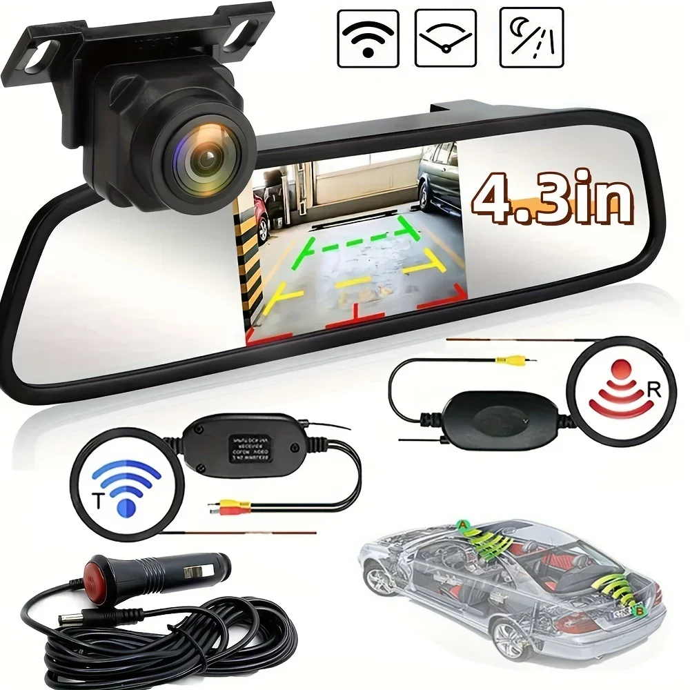 QueenDer-Monitor-de-espejo-inal-mbrico-para-coche-pantalla-de-4-3 ...