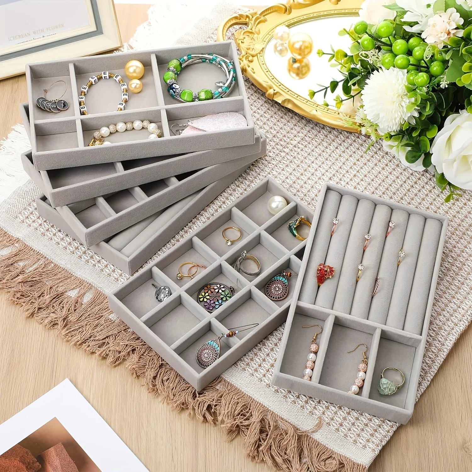 Grey Jewelry Organizer Velvet Jewelry Storage Tray Display Ring ...